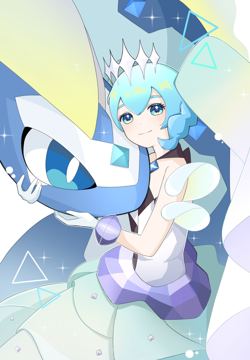 Safebooru - 1girl 1other absurdres aqua eyes aqua hair aurorus blue eyes closed mouth dinosaur ...