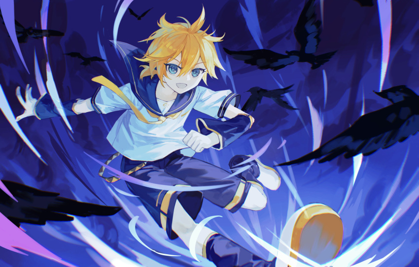 Safebooru - 1boy :d animal bird black shorts blonde hair blue eyes clenched hand crow hair ...