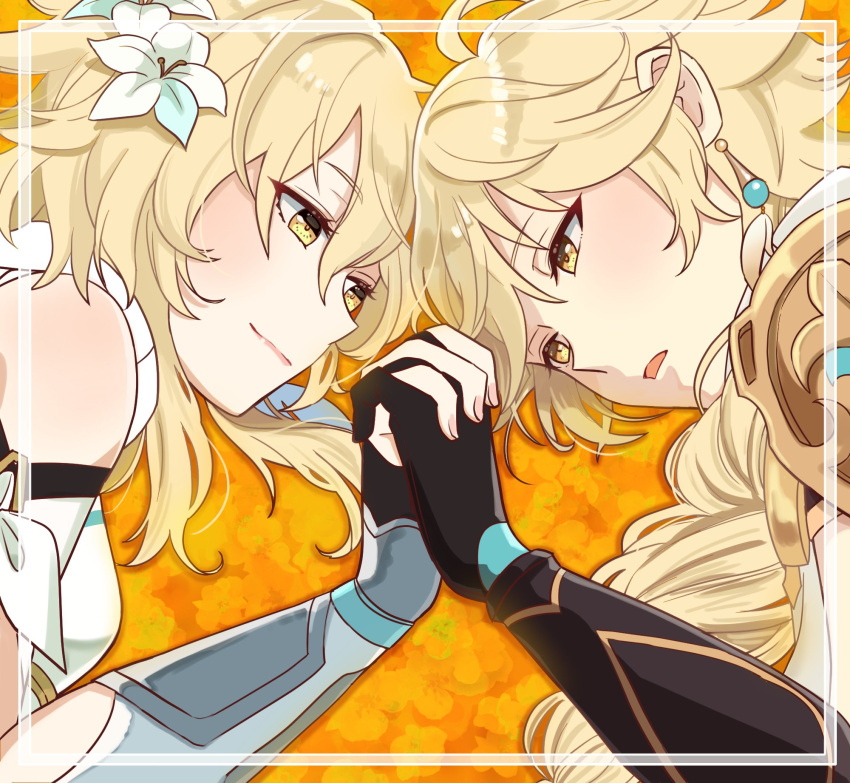 Safebooru - 1boy 1girl aether (genshin impact) ahoge bangs bare shoulders black gloves blonde ...