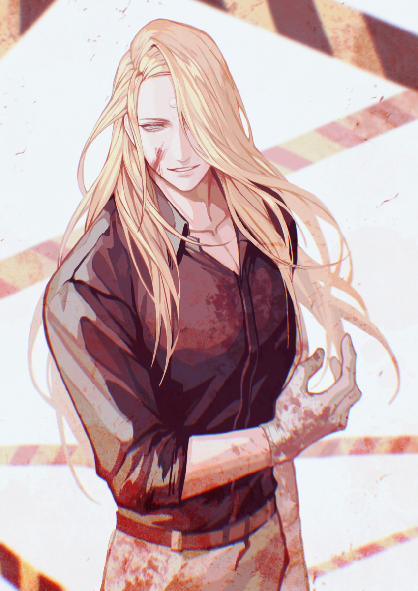 Safebooru - 1boy absurdres belt black shirt blonde hair blood blood on ...