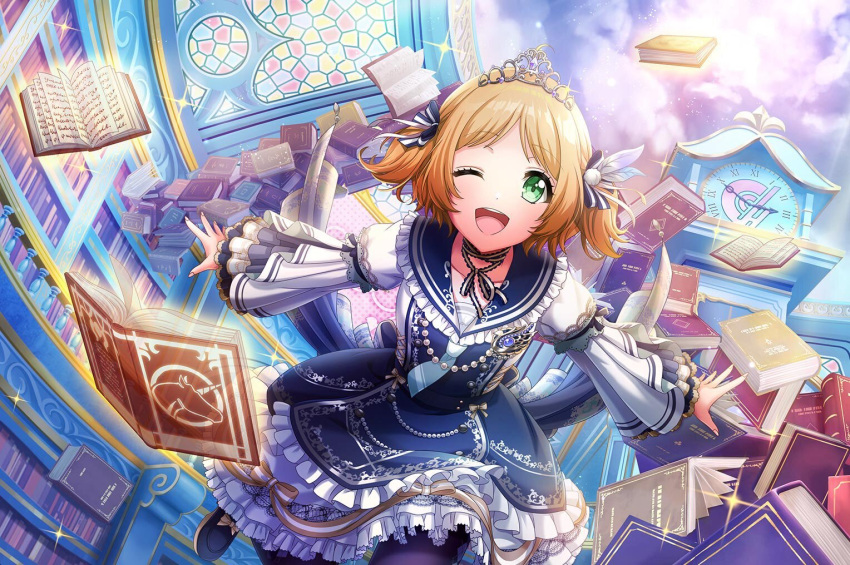 Safebooru - blonde hair blush d4dj dress green eyes short hair smile takeshita miiko wink | 4037623