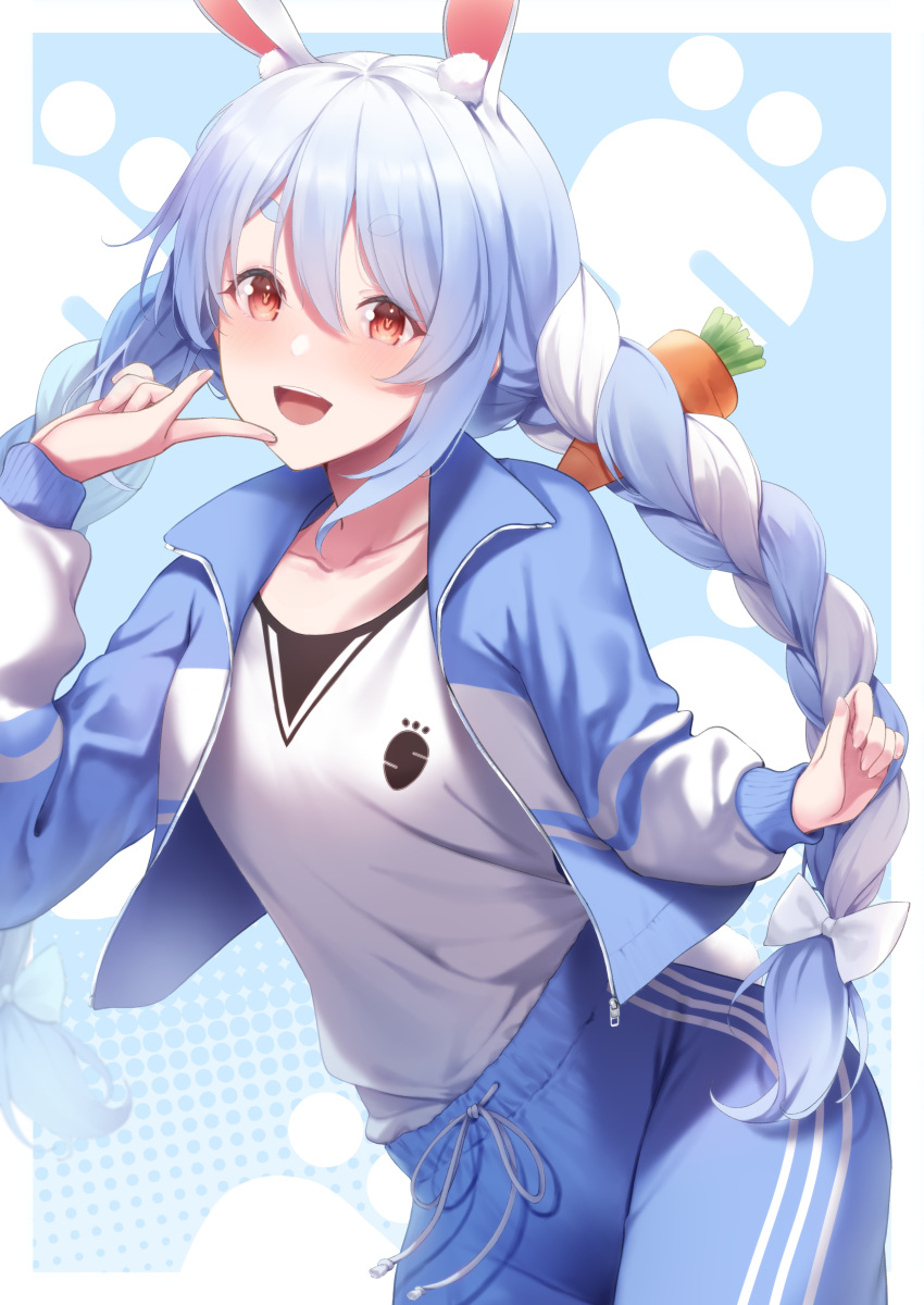 Safebooru - 1girl :d absurdres alternate costume animal ears blue hair blue jacket blue pants ...