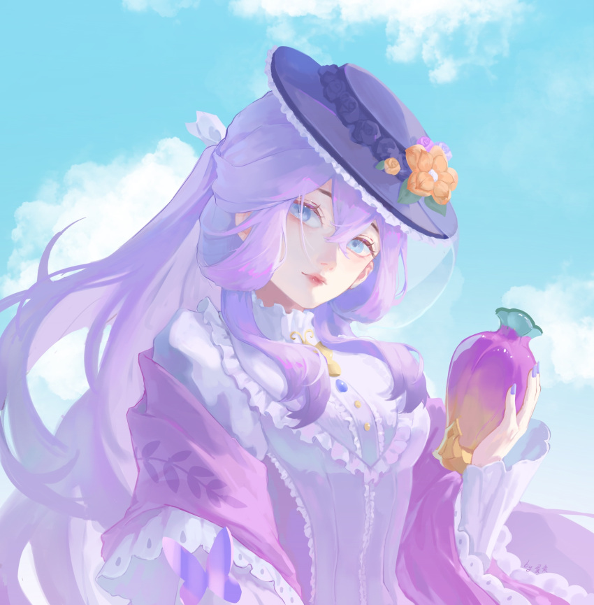 Safebooru - 1girl absurdres blue eyes blue sky bottle closed mouth ...
