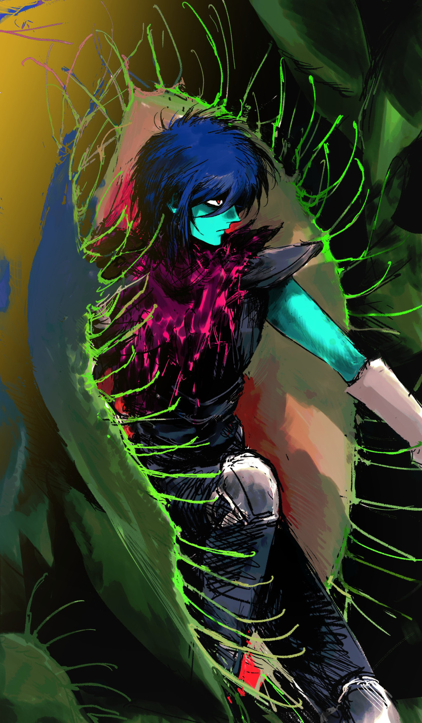 Safebooru - 1other absurdres armor blue hair blue skin closed mouth ...