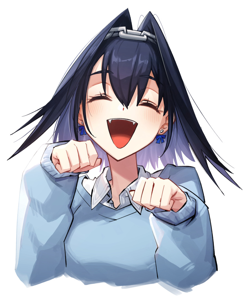 Safebooru - 1girl ^ ^ absurdres adarin alternate costume black hair blue bow blue sweater bow ...