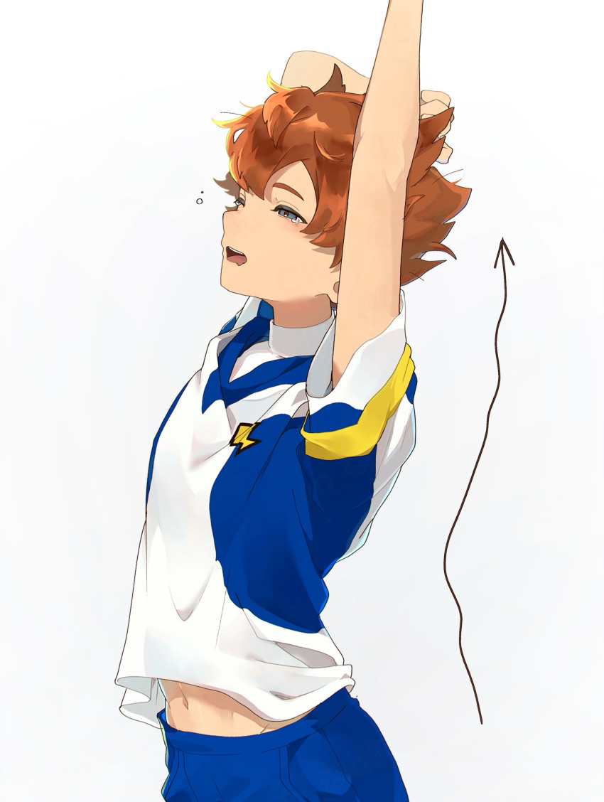 Safebooru - 1boy absurdres arm behind head arms up arrow (symbol) blue ...