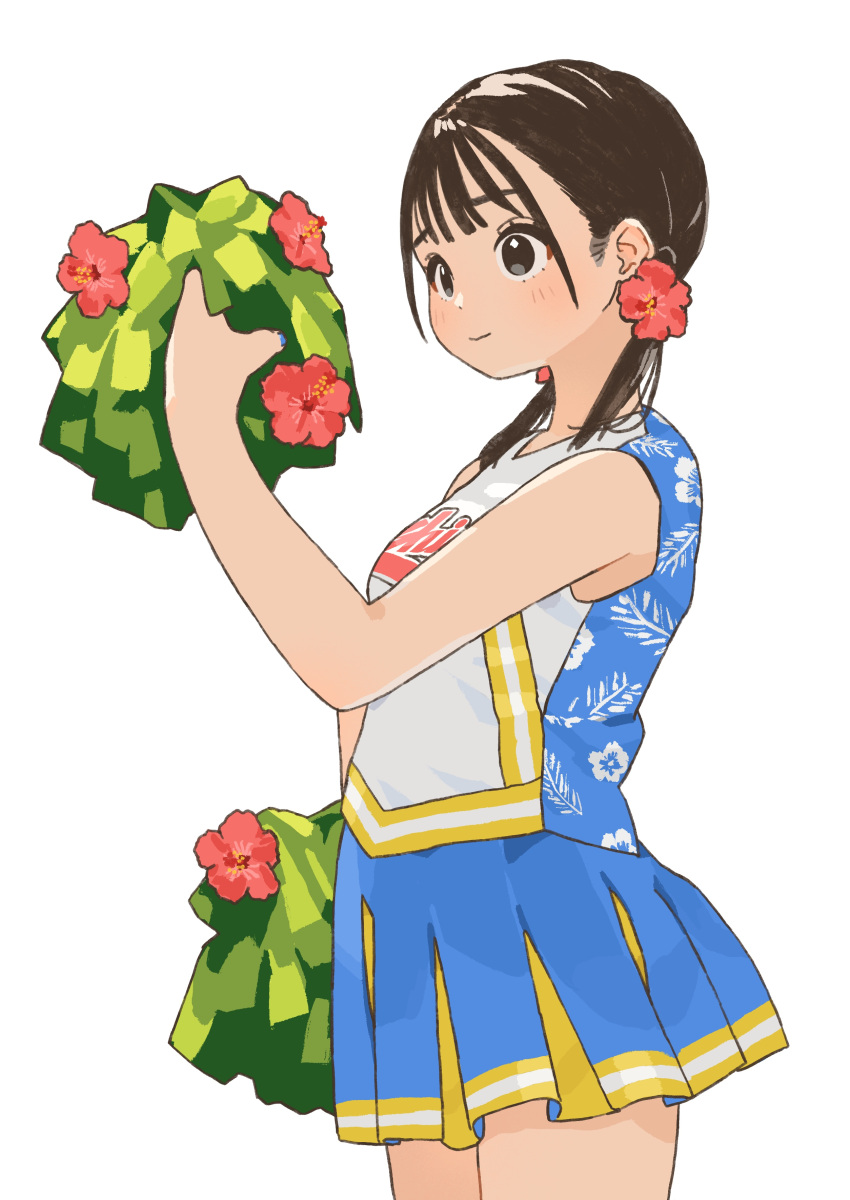 Safebooru - 1girl absurdres blue skirt brown hair cheerleader flower ...