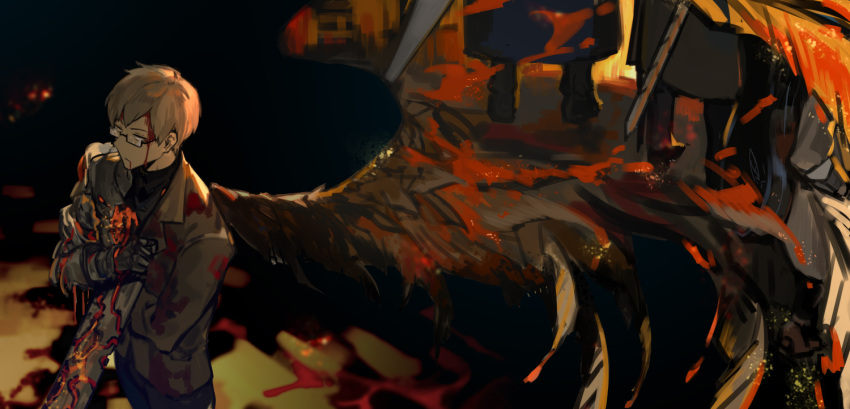 Safebooru - 1boy black shirt blood blood from mouth blood on face brown ...