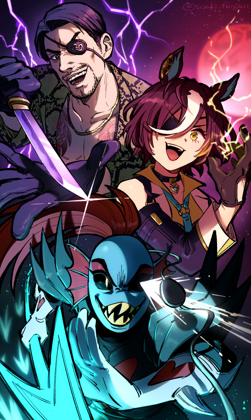 Safebooru - 1boy 2girls :d animal ears armor bare shoulders black eyes ...