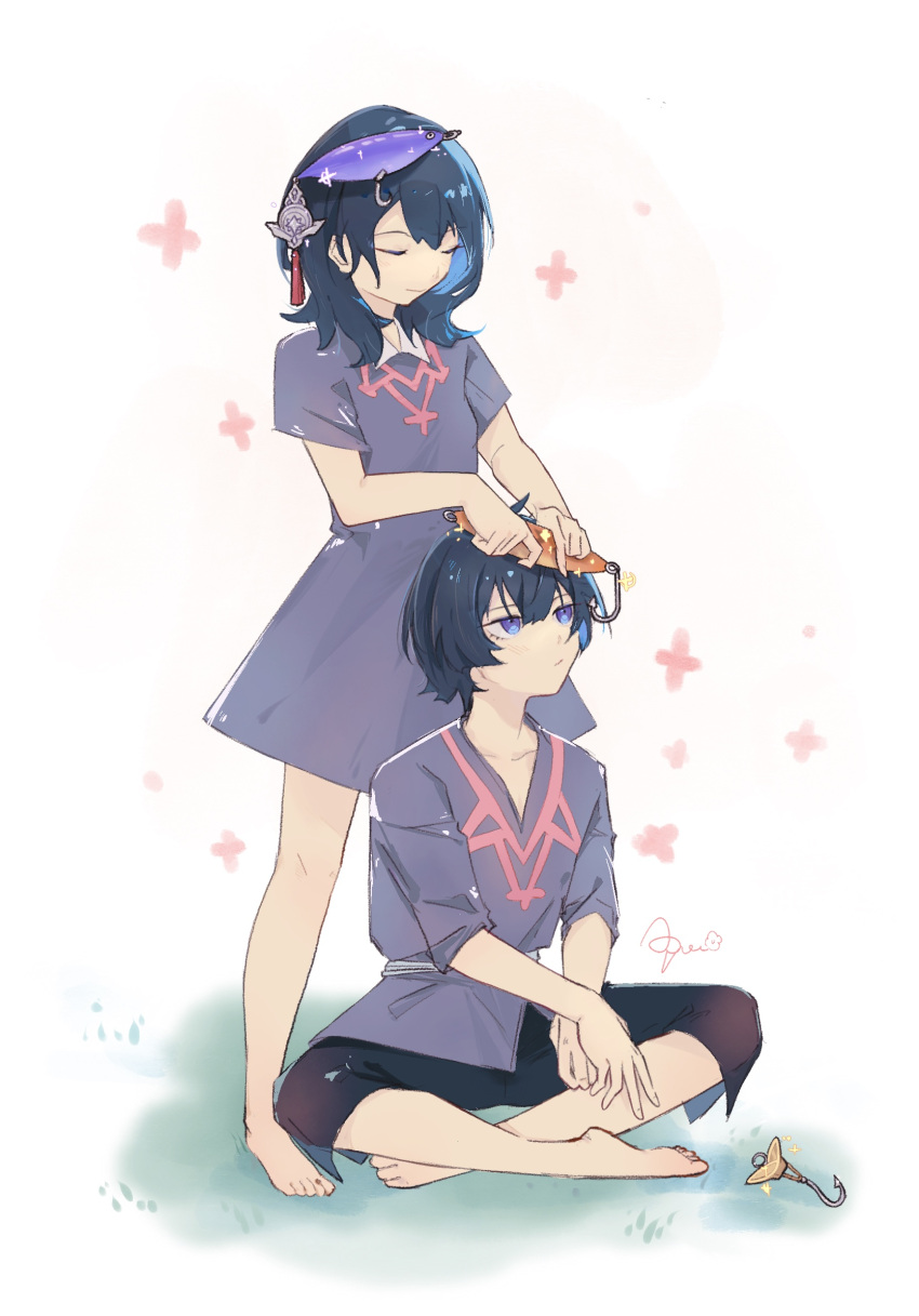Safebooru - 1boy 1girl aged down bait barefoot black shorts blue eyes ...