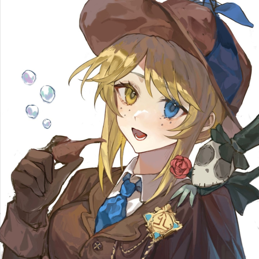 Safebooru - 1girl :d blonde hair blue eyes blue necktie brown capelet ...