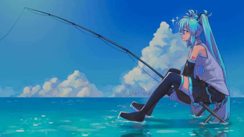 Safebooru - 1girl absurdres aqua eyes aqua hair artist name bare shoulders black boots black ...