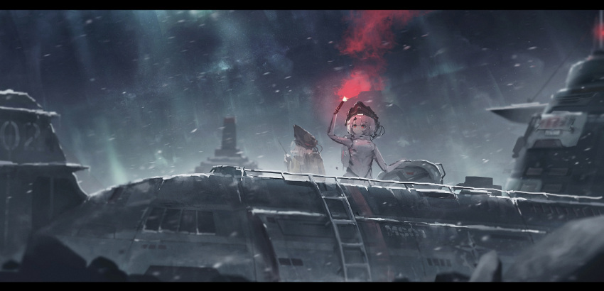 Safebooru - 1girl flare highres kirok orange ladder night night sky ...