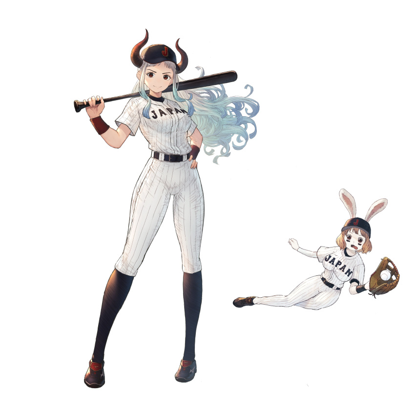 Safebooru - 2girls absurdres animal ears baseball baseball bat baseball mitt baseball uniform ...