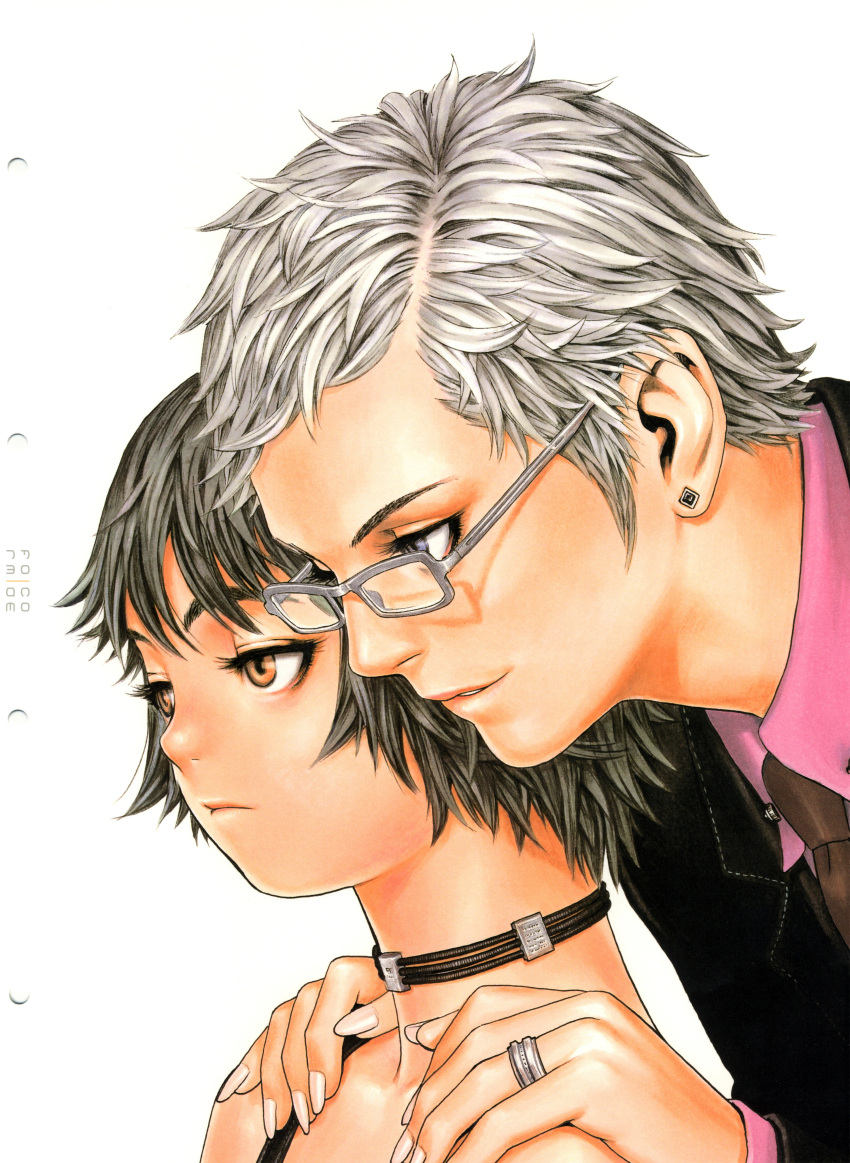Safebooru - black hair blue eyes choker form code glasses highres murata renji orange eyes range ...