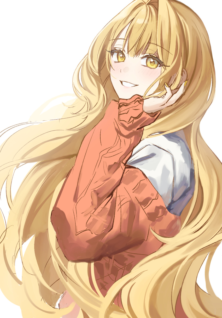 Safebooru - 1girl :d aran sweater blonde hair cable knit commentary ...