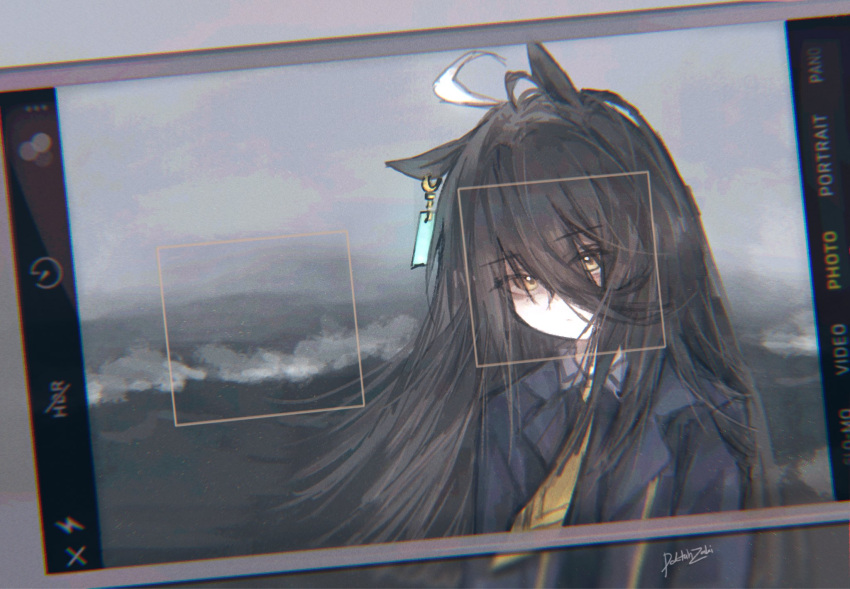 Safebooru Ahoge Artist Name Black Hair Cellphone Cellphone Photo 6441
