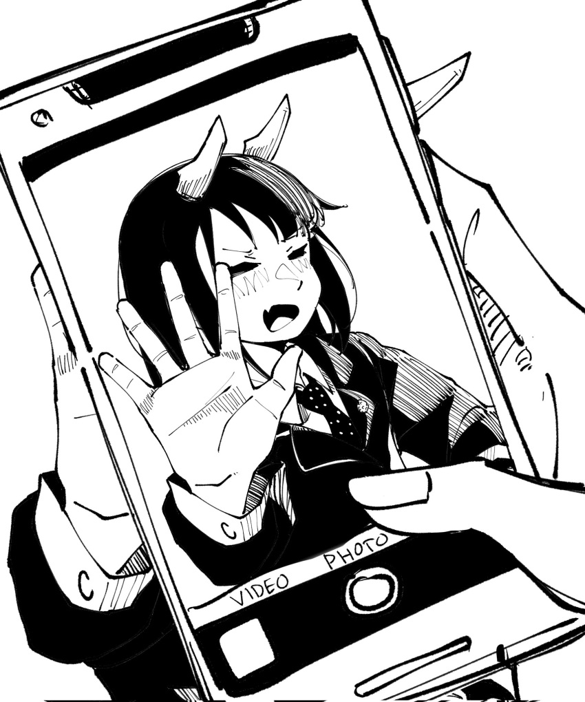 Safebooru - aoki ruri cellphone closed eyes fang hand up highres horns ...