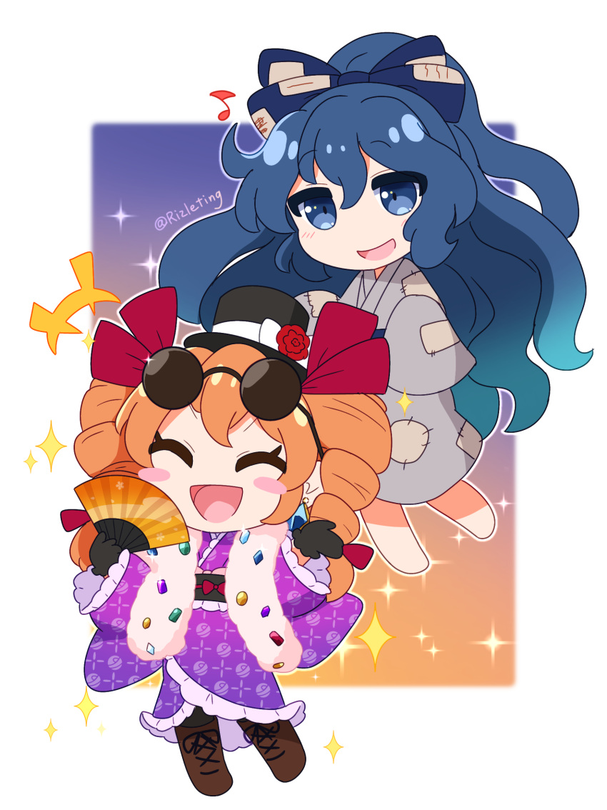 Safebooru - 2girls barefoot black boots black hat blue eyes blue hair ...