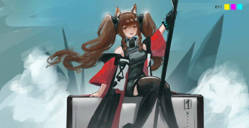 Safebooru - 1girl :d absurdres angelina (arknights) animal ear fluff ...