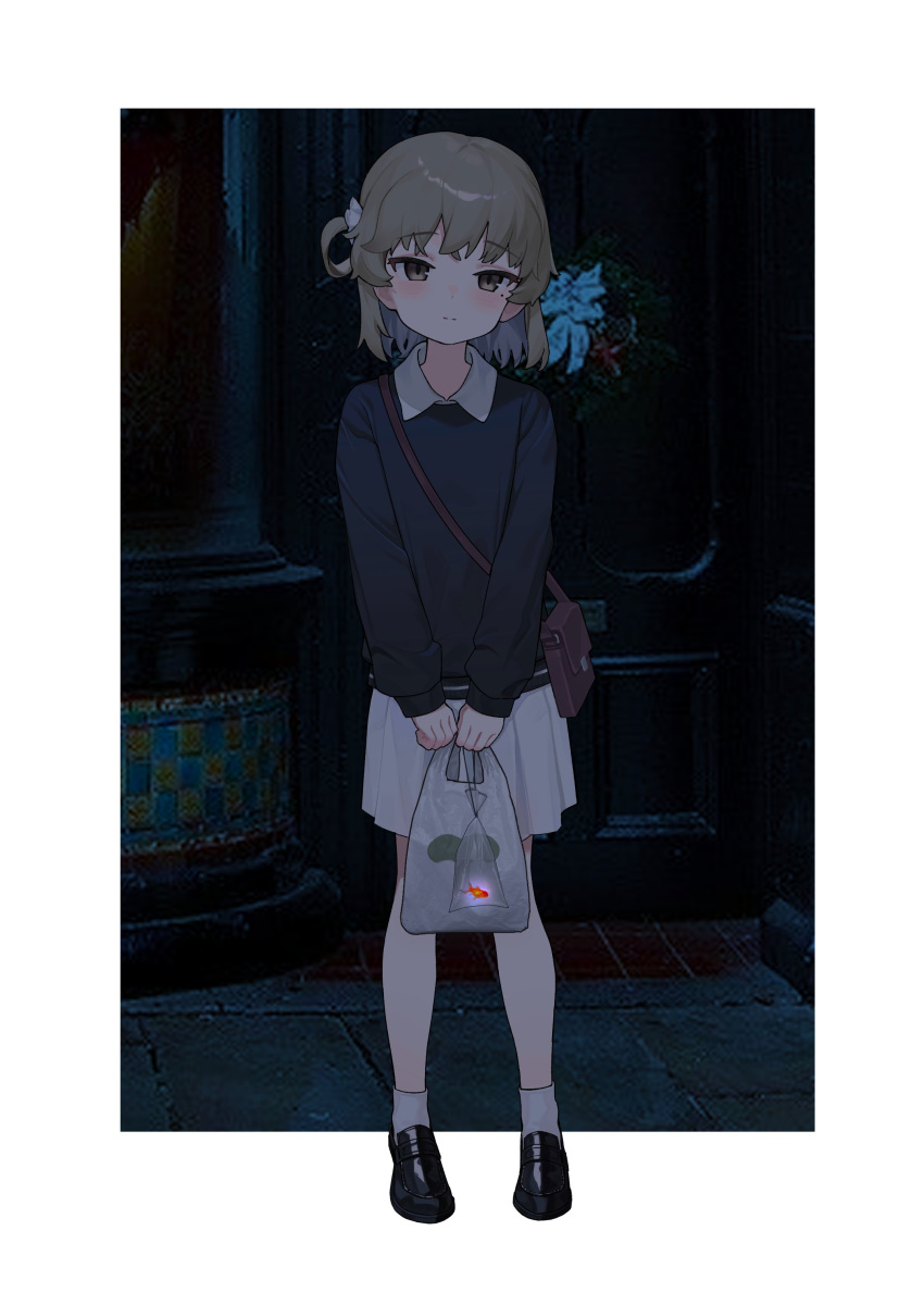 Safebooru - 1girl absurdres bag bagged fish black shoes black sweater blush border brown bag ...