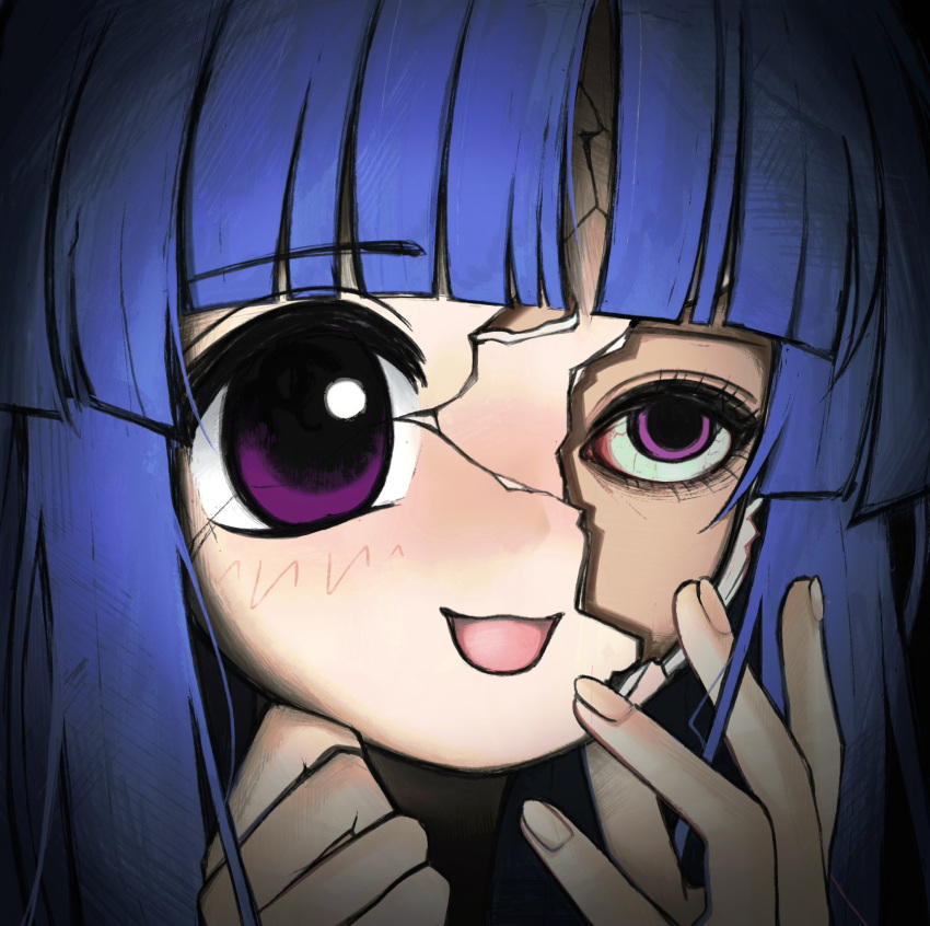 Safebooru - 1girl :d blue hair blunt bangs blush cracked kawaii mask ...