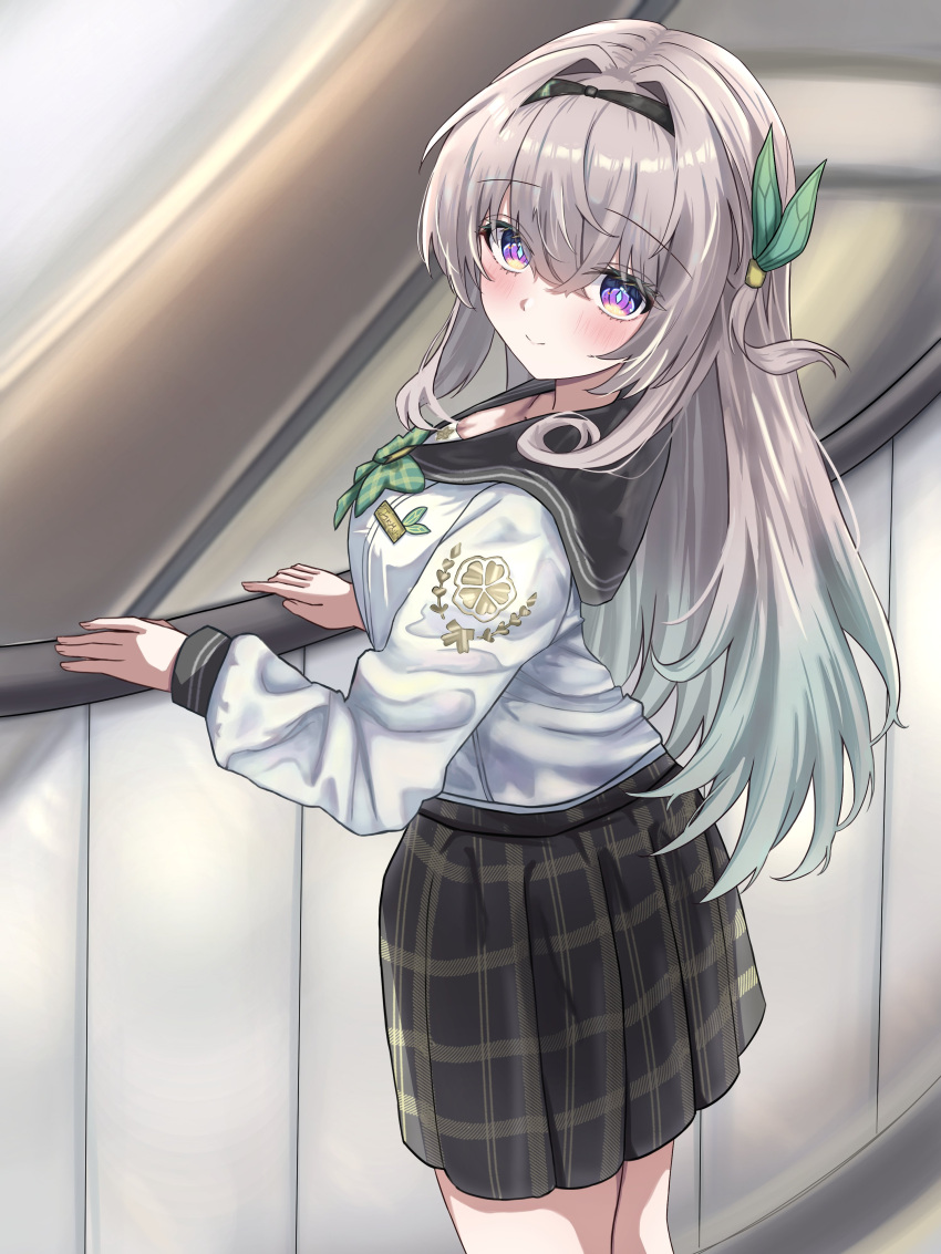 Safebooru - 1girl absurdres against railing black hairband blush closed ...