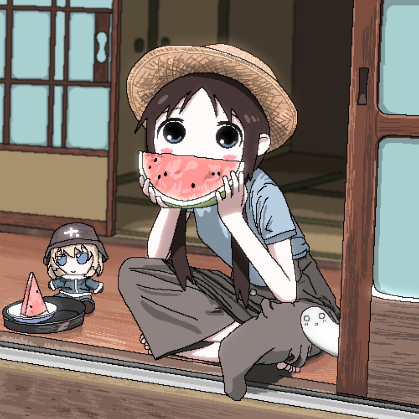 Safebooru - 1girl bangs barefoot big eyes black hair blonde hair blue eyes blue shirt blush ...