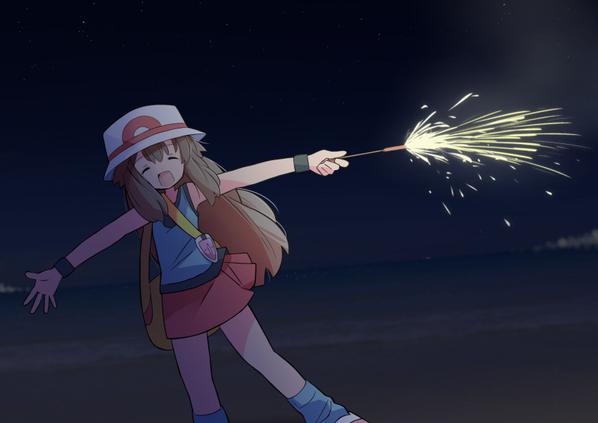Safebooru - 1girl :d ^ ^ bag beach blue socks breasts brown hair bucket ...