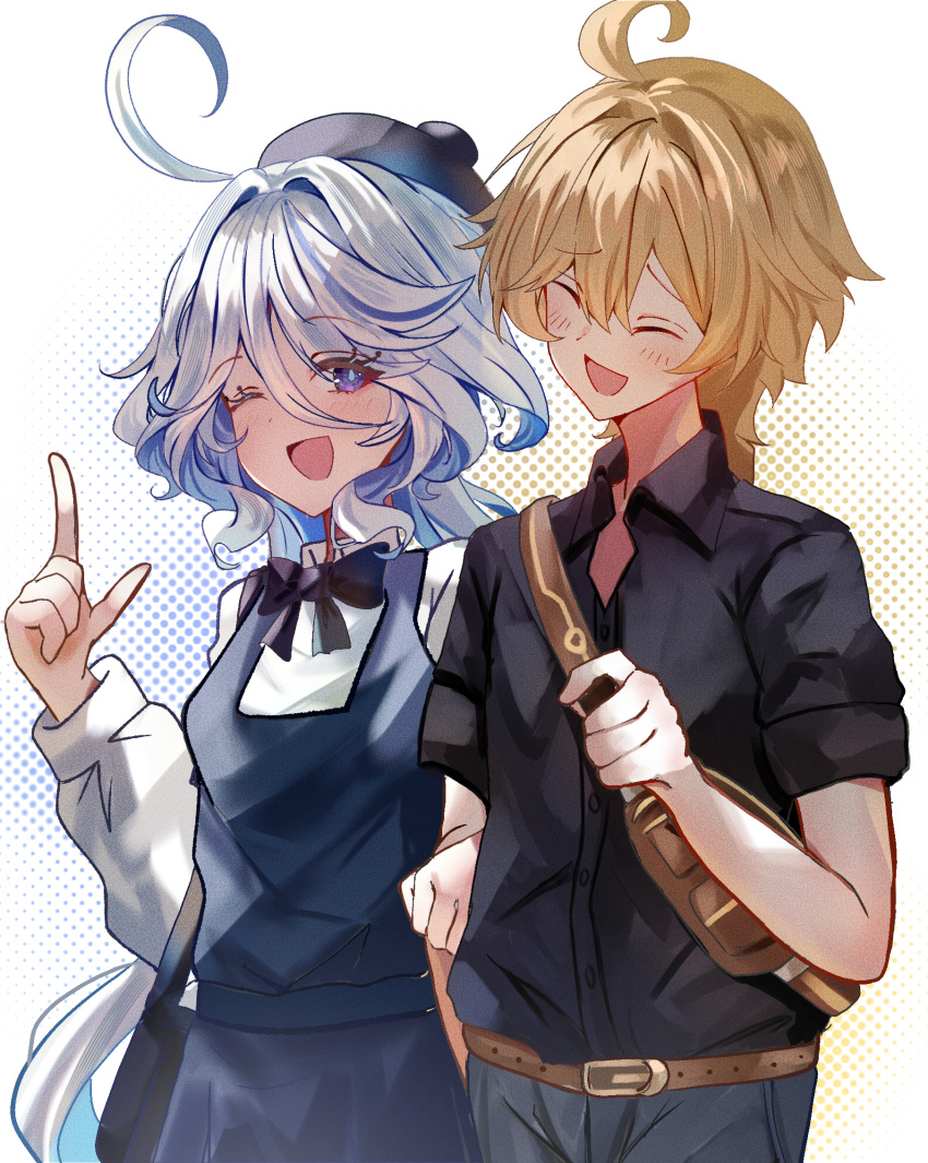 Safebooru - 1boy 1girl aether (genshin impact) bag belt beret bimmy ...