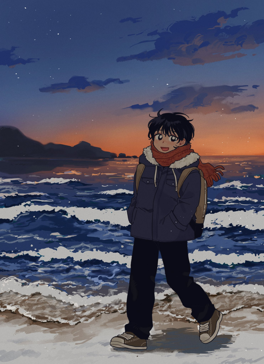 Safebooru 1girl Beach Black Eyes Black Hair Black Pants Blue Coat 8376