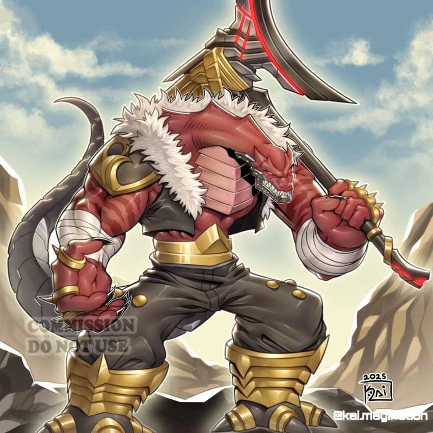 Safebooru - 1boy absurdres axe claws clenched hand clouds cloudy sky ...