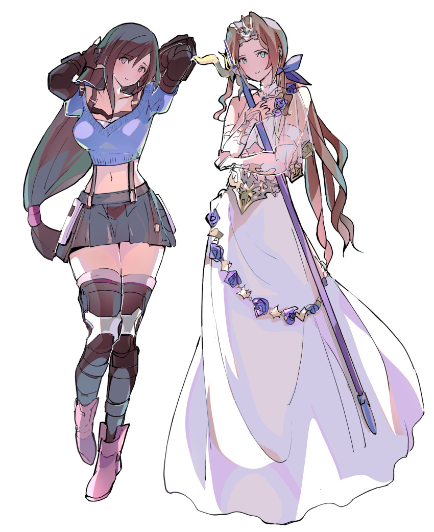 Safebooru - 2girls absurdres aerith gainsborough arms up black hair bridal gauntlets brown hair ...