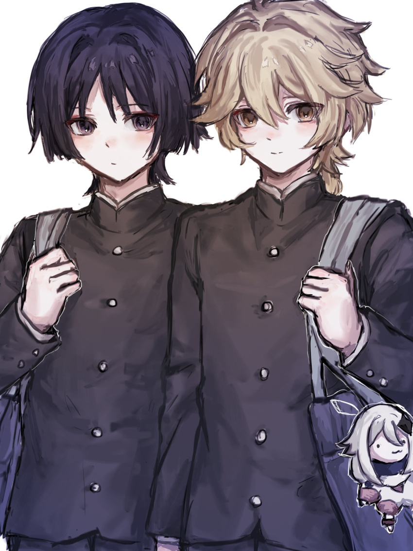 Safebooru - 2boys aether (genshin impact) bag black shirt blonde hair ...