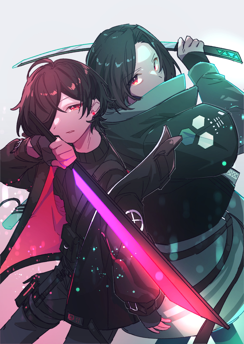 Safebooru - 2boys absurdres back-to-back black hair brown hair chariki ...