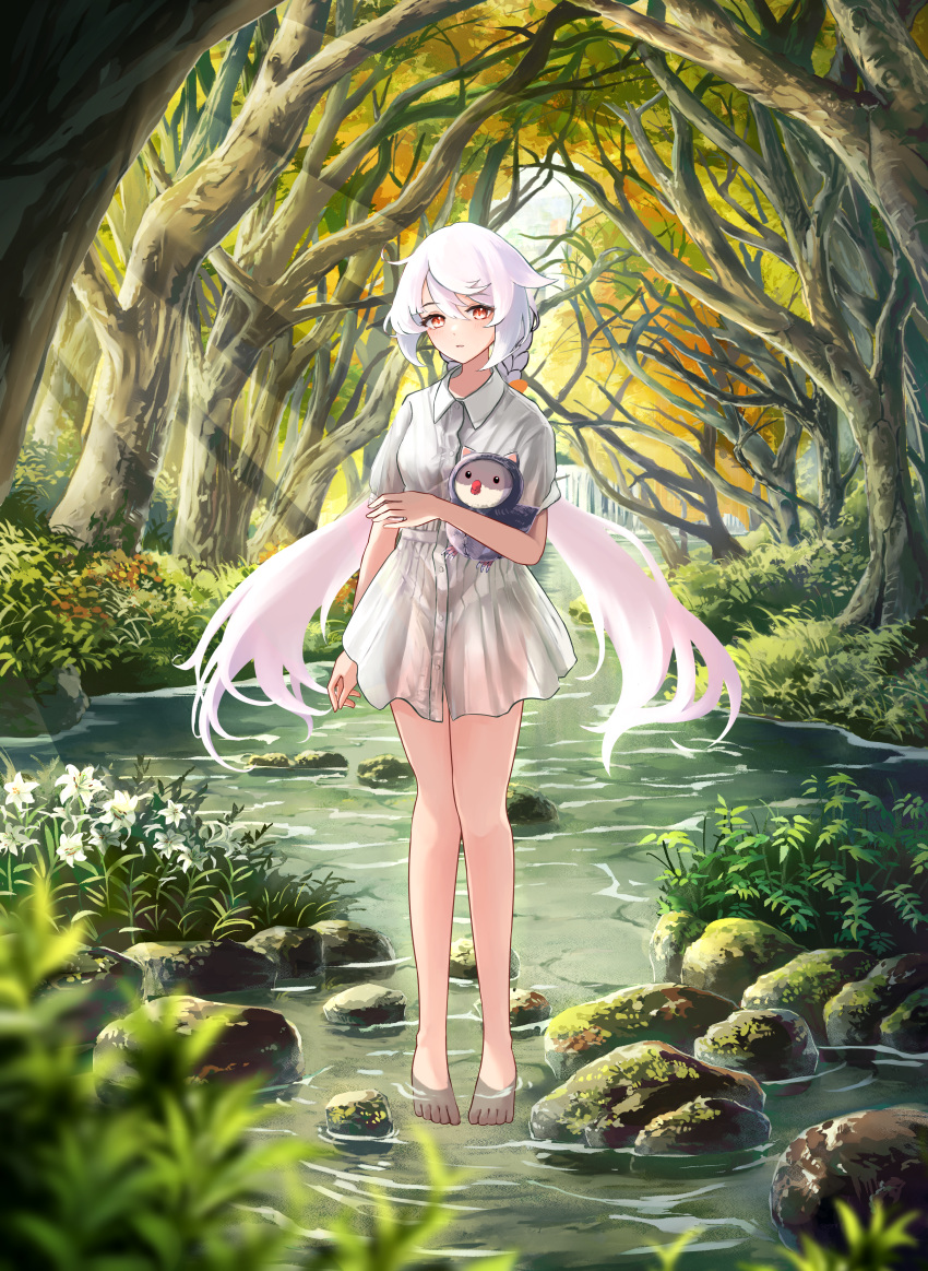 Safebooru - 1girl absurdres arm at side barefoot collared shirt ...