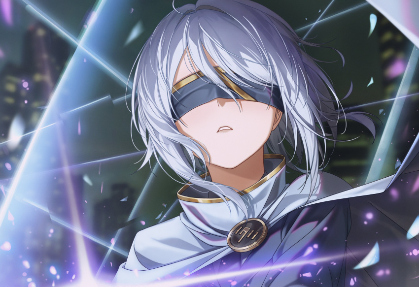 Safebooru - 1girl absurdres badge black jacket blindfold cape faust ...