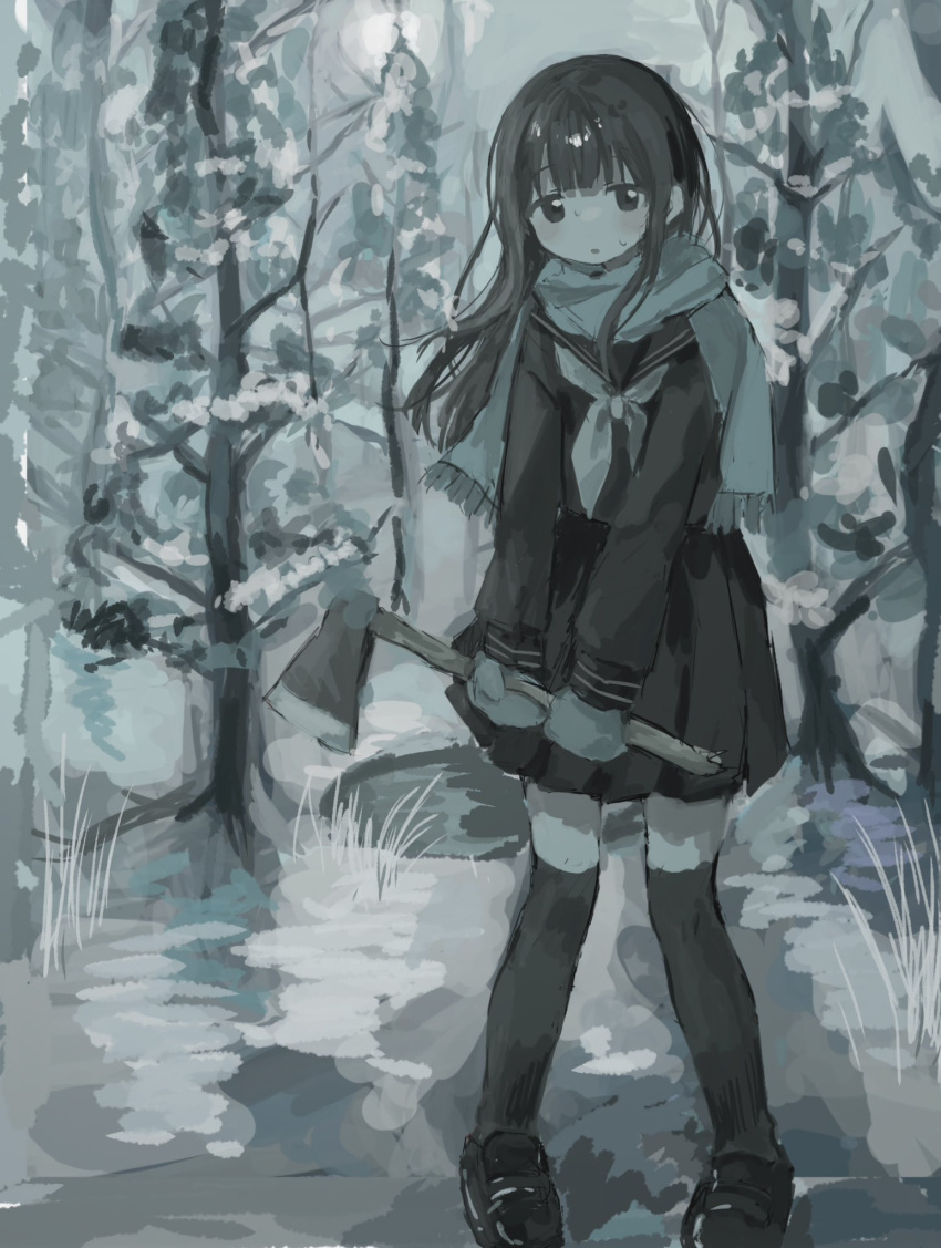 Safebooru - 1girl axe bare tree black eyes black hair black sailor ...