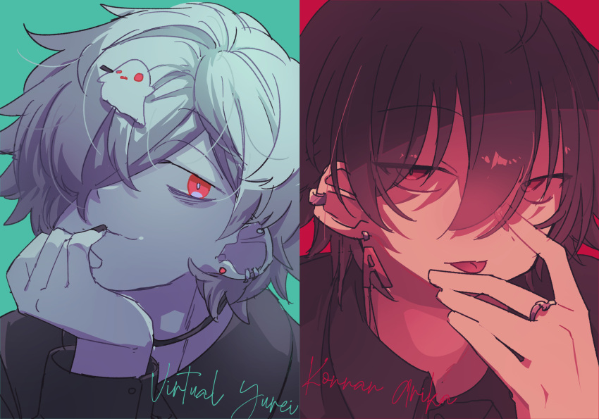 Safebooru - 2boys black hair blue background chariki earrings grey hair ...