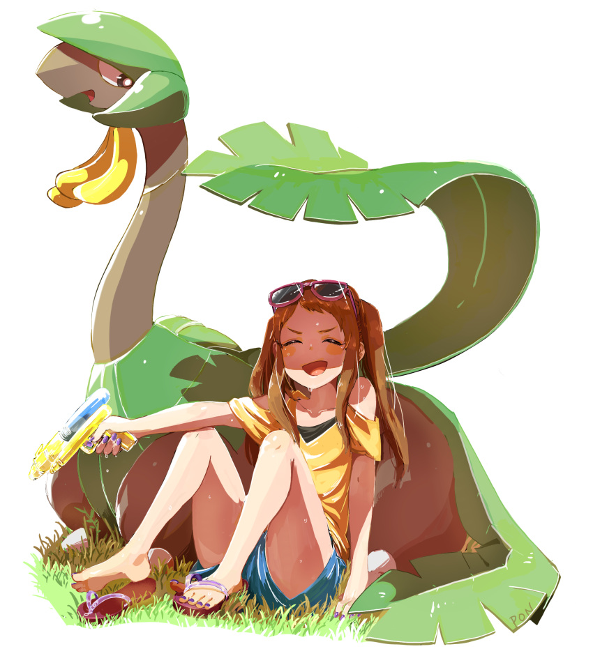 Safebooru - 1girl arm support blue shorts brown hair closed eyes ...