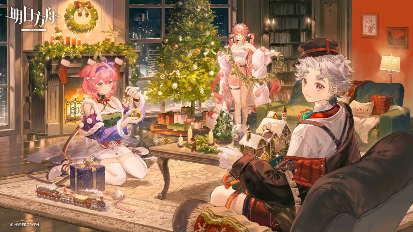 Safebooru - 1boy 2girls animal ears arknights bell belt bookshelf boots ...