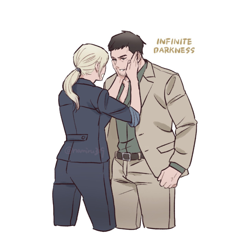 Safebooru - 1boy 1girl beard stubble belt blonde hair blue eyes blue ...