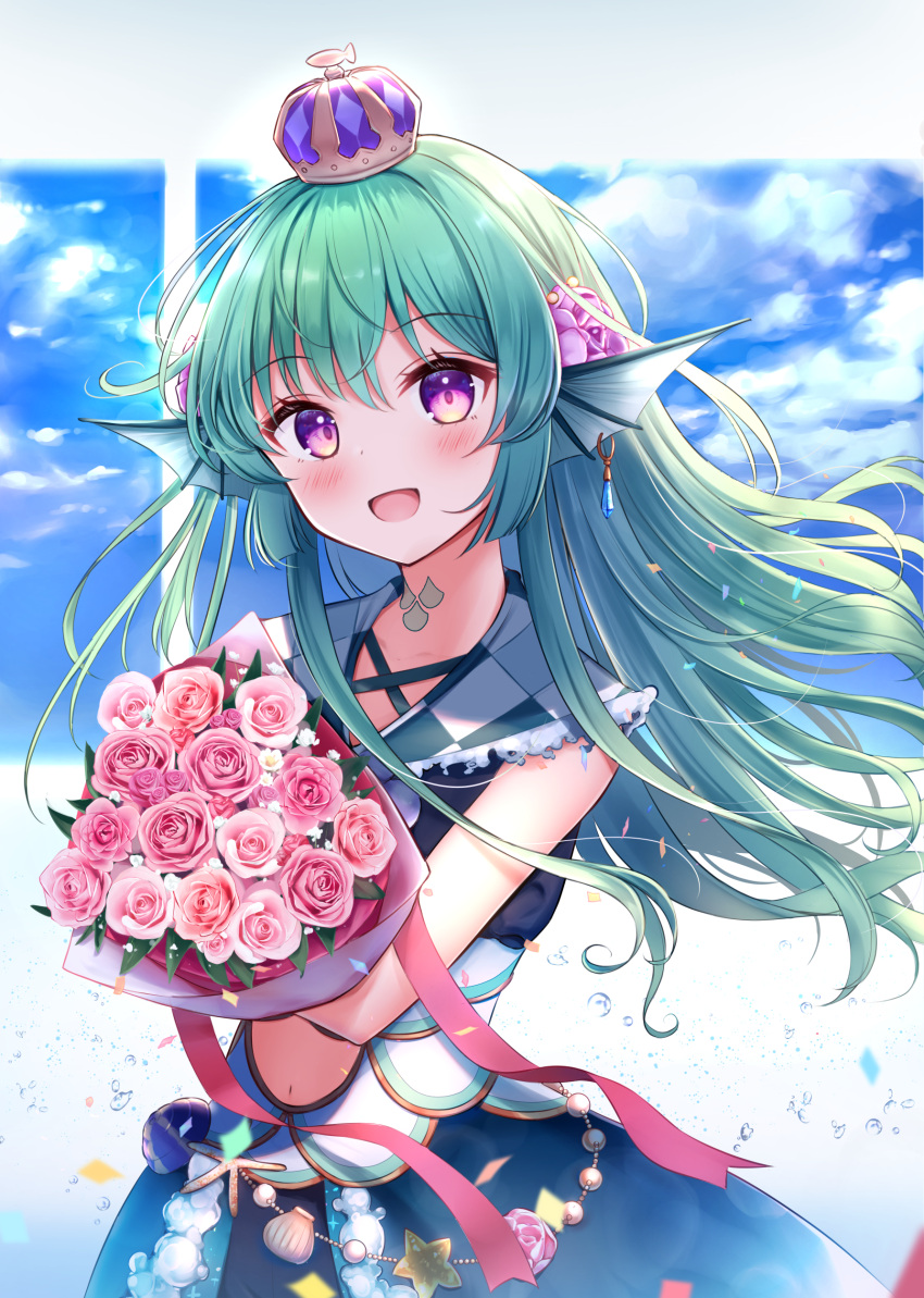 Safebooru - 1girl absurdres bangs blue skirt blush bouquet clothing ...