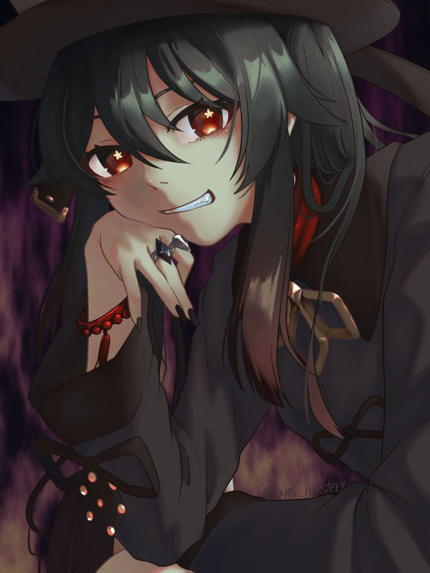 Safebooru - 1girl black nails blush brown hair chinese clothes coat flower-shaped pupils genshin ...