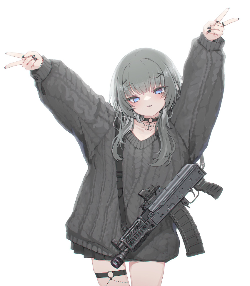 Safebooru - 1girl absurdres aks-74u arms up assault rifle black choker ...