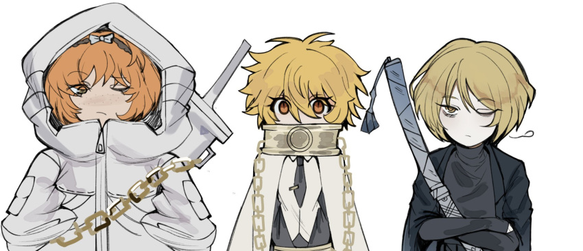 Safebooru - 1boy 2girls arms at sides black haori black necktie black ...