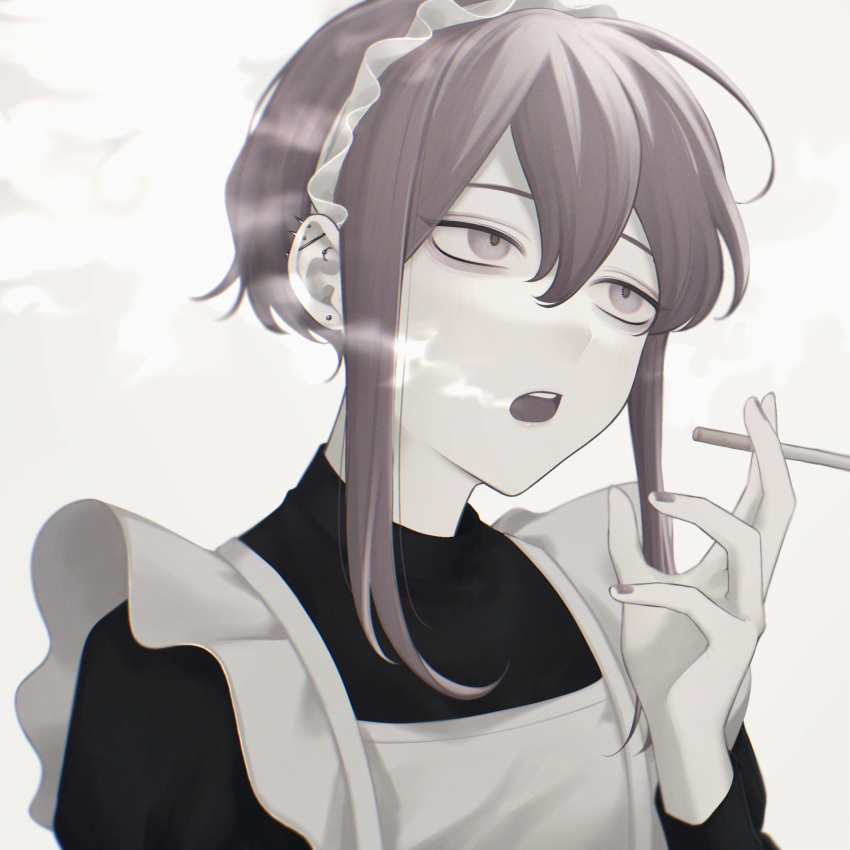 Safebooru - 1girl ahoge apron barbell piercing cigarette ear piercing ...