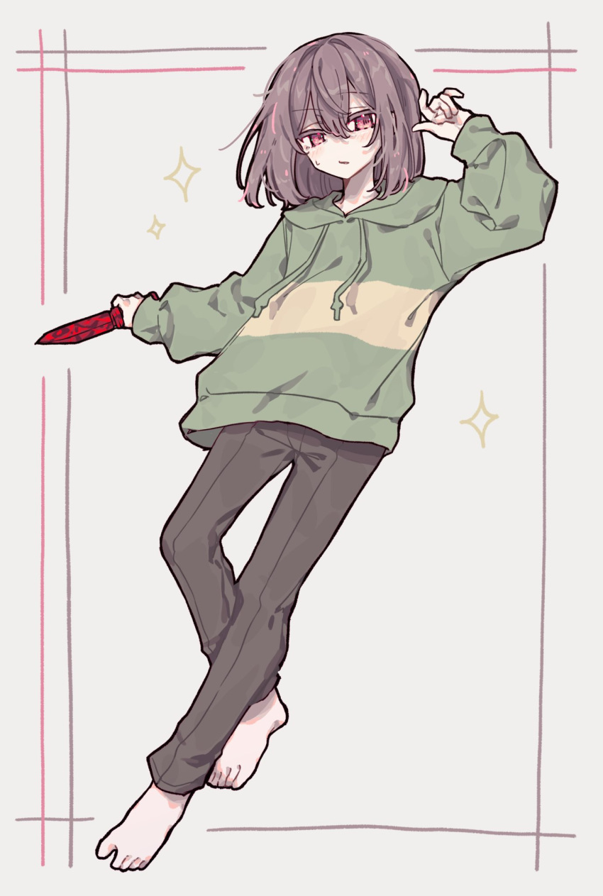 Safebooru - 1girl 1other androgynous barefoot brown hair brown pants ...