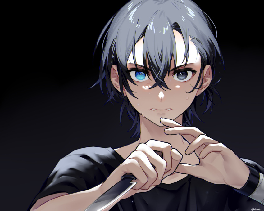 Safebooru - 1boy ajiro shinpei anchun (quail0503) black background black hair black shirt blue ...