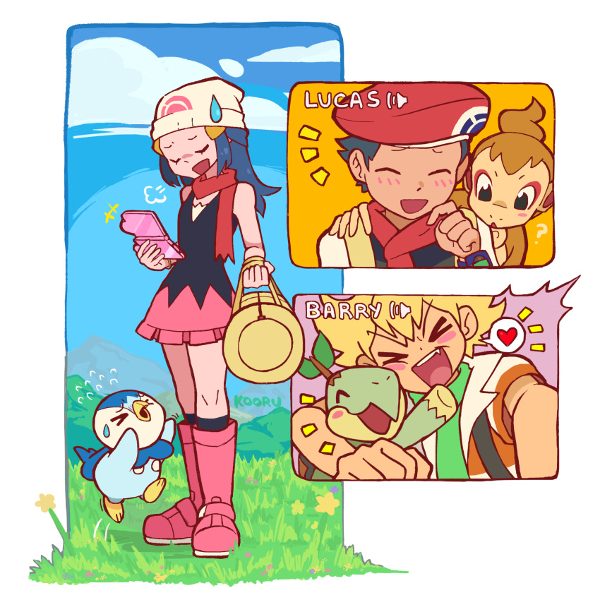 Safebooru - 1girl 2boys bag beanie character name chimchar duffel bag ...